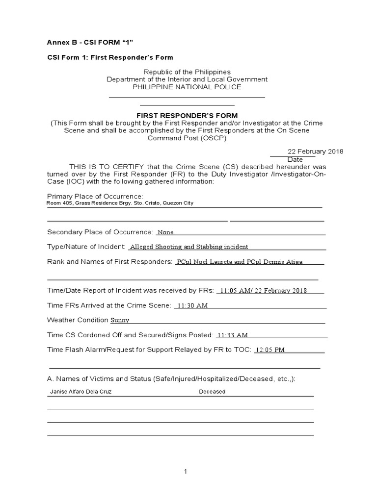 CSI Form 1 First Responders Form | PDF | Crime Scene | Forensic Science