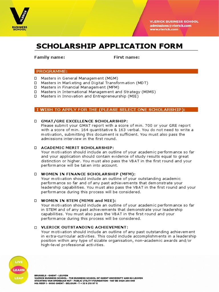 Scholarship Application Form: Family Name: First Name | PDF ...