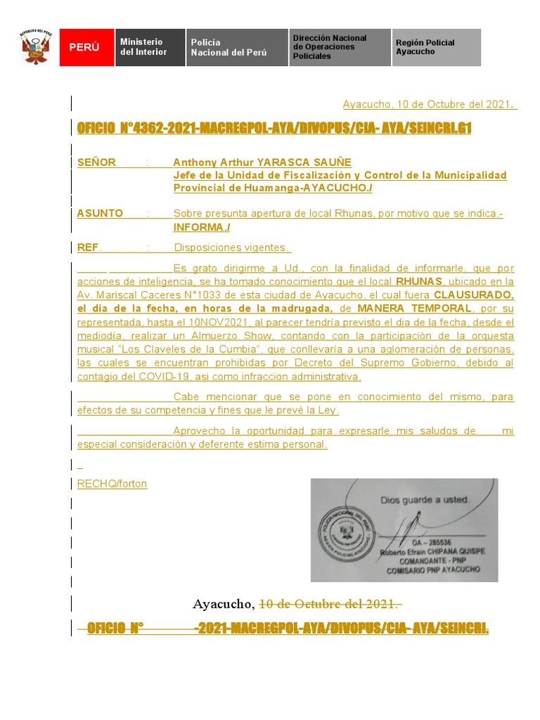 Oficio Comisaria PNP Ayacucho | PDF | Perú | Policía