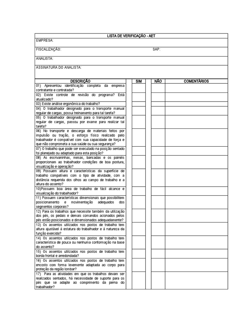 Checklist de Ergonomia - AET | PDF