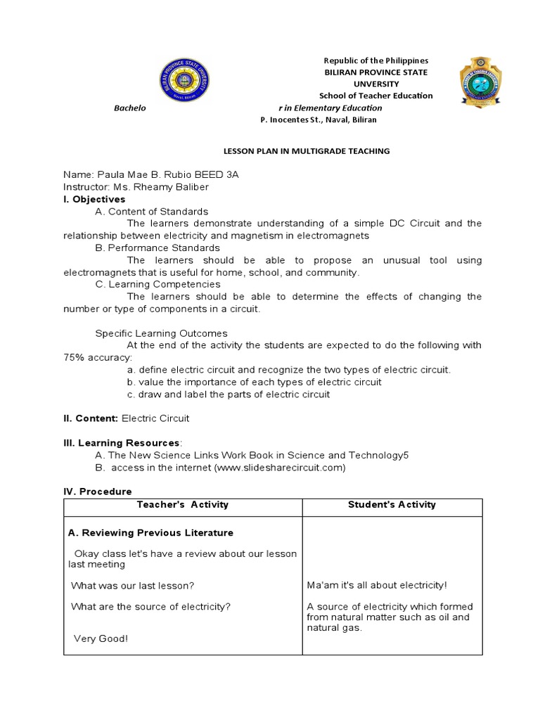 Lesson Plan in Science 5 | PDF | Series And Parallel Circuits | Electricity