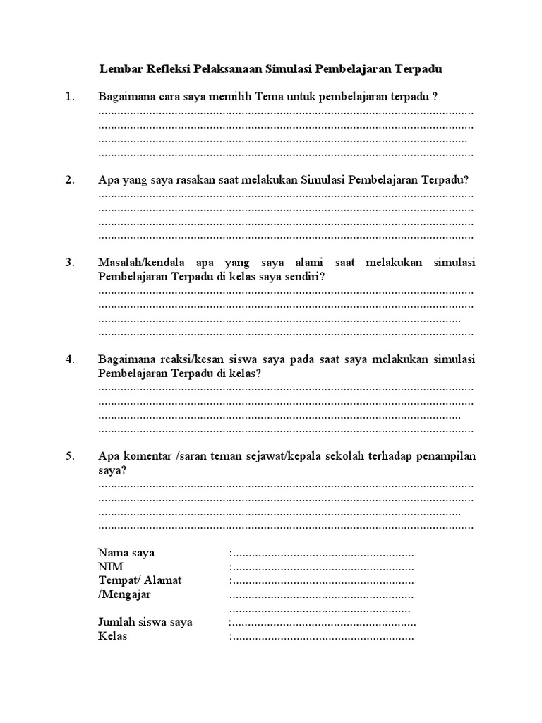 Lembar Refleksi Pelaksanaan Simulasi Pembelajaran Terpadu | PDF
