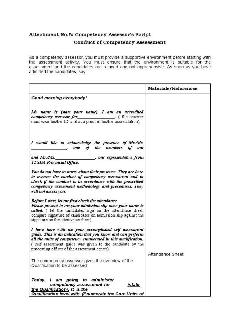 Attachment No.5: Competency Assessor's Script Conduct of Competency Assessment | PDF | Signature