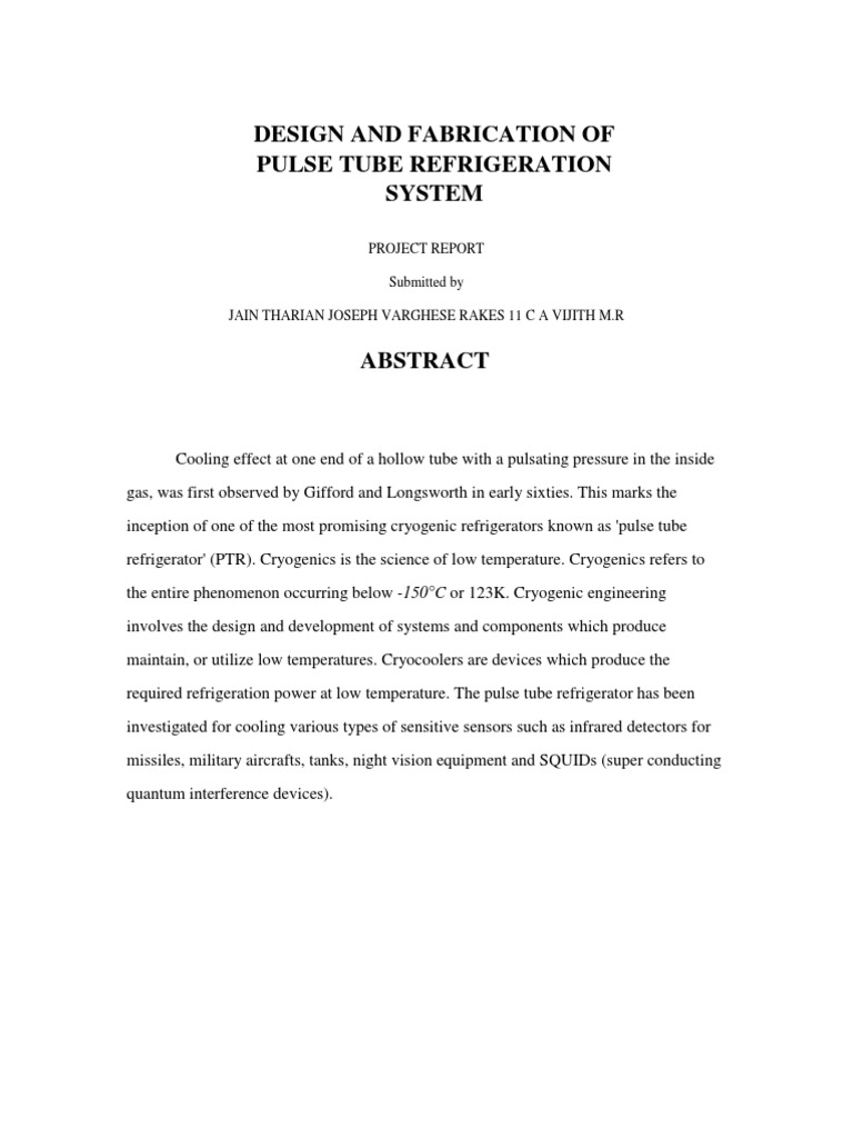 Design and Fabrication of Pulse Tube Refrigeration System | PDF ...