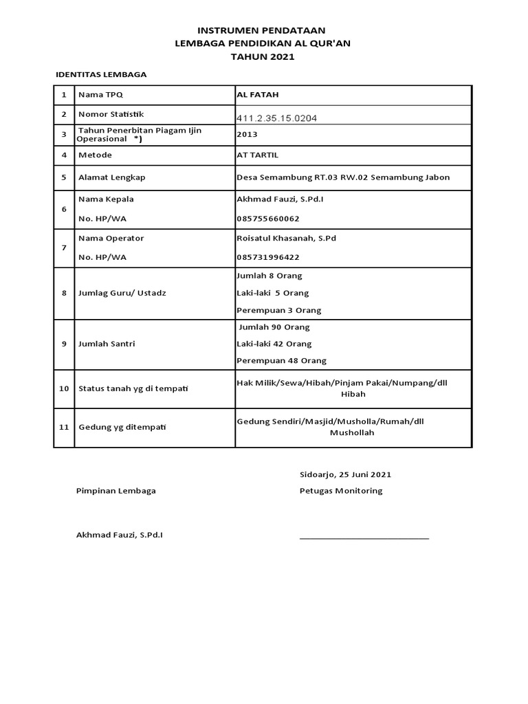 Data TPQ Al Fatah 2021 | PDF