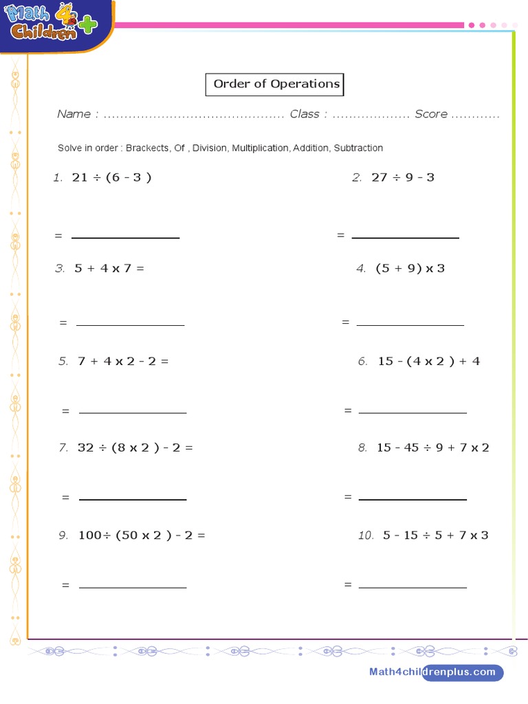 Order of Operations Worksheet | PDF | Mathematics | Arithmetic