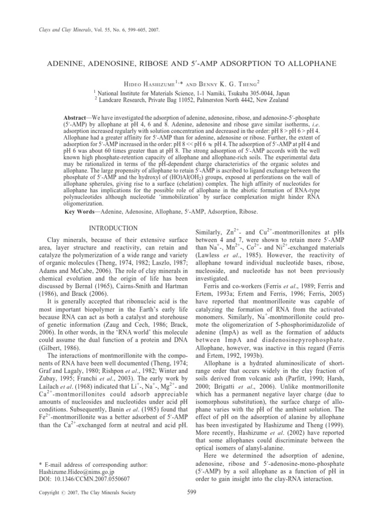 Adenine, Adenosine, Ribose and 5'-Amp Adsorption To Allophane | PDF ...