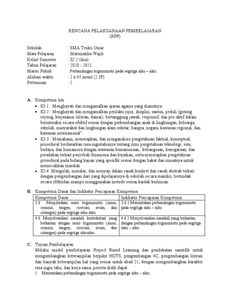 Set. 2 RPP - Perbandingan Trigonometri Segitiga Siku - Siku | PDF