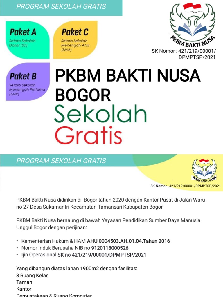 Program Sekolah Gratis PKBM Bakti Nusa | PDF