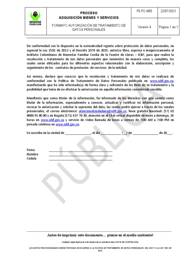 F6.p2.abs Formato Autorizacion de Tratamiento de Datos Personales Contratistas v4 | PDF