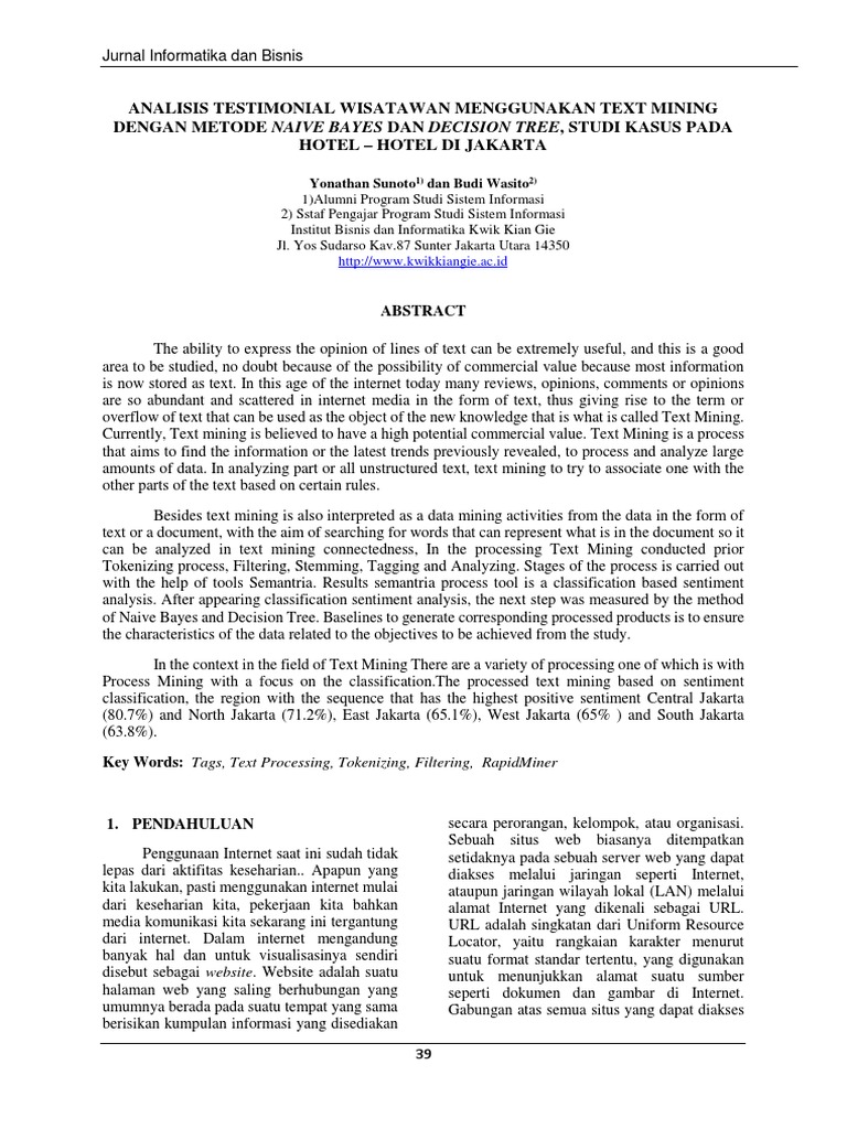 Analisis Testimonial Wisatawan Menggunakan Text Mining Dengan Metode ...