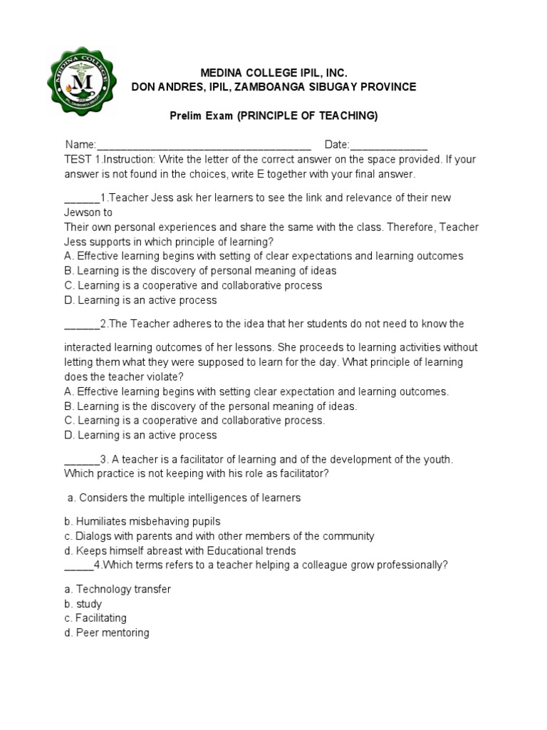 Pre Lim Principle Exam Locked | PDF | Learning | Teachers