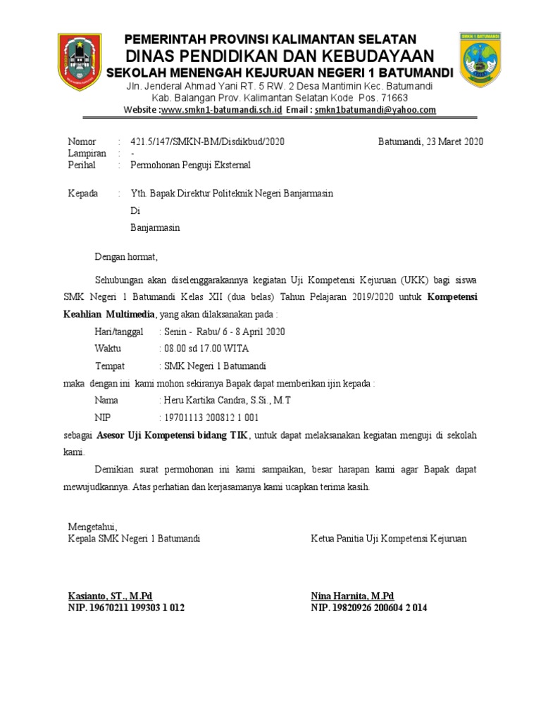 Surat Permohonan Penguji Eksternal UKK New | PDF