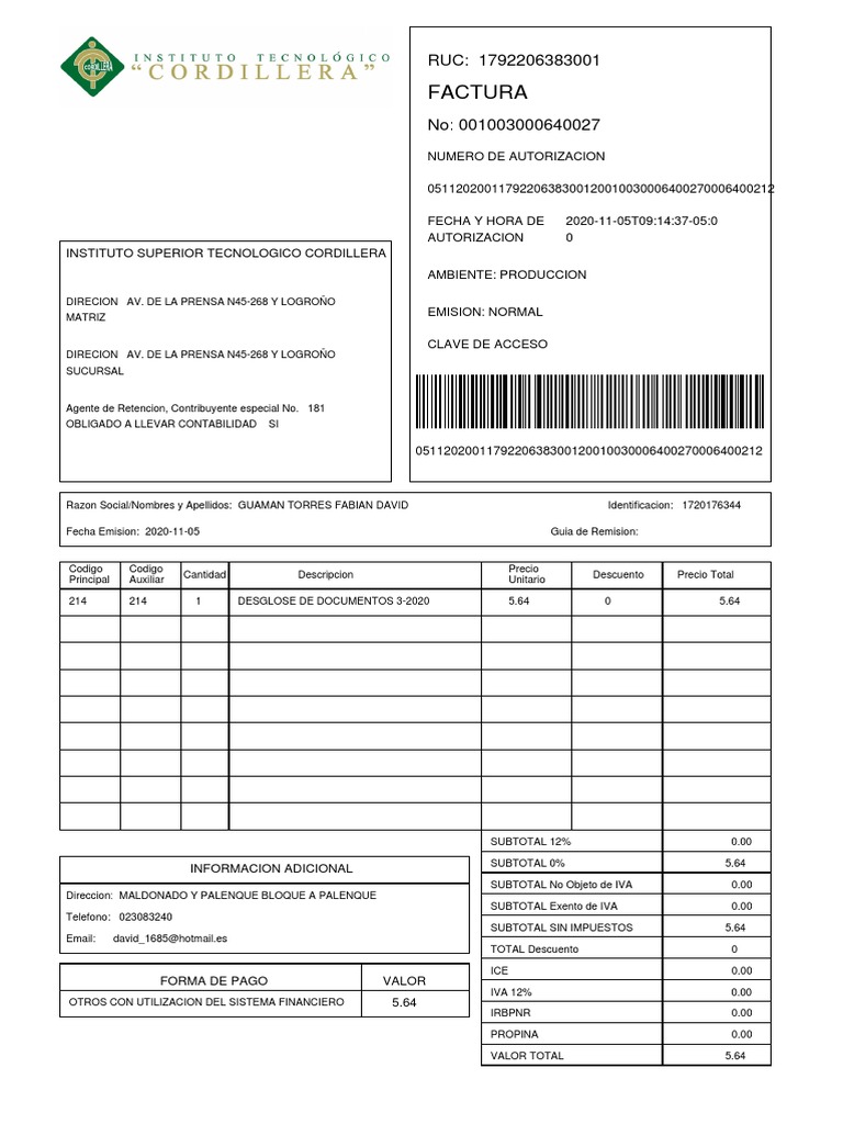 Factura Cordillera | PDF | Contabilidad | Documentos empresariales