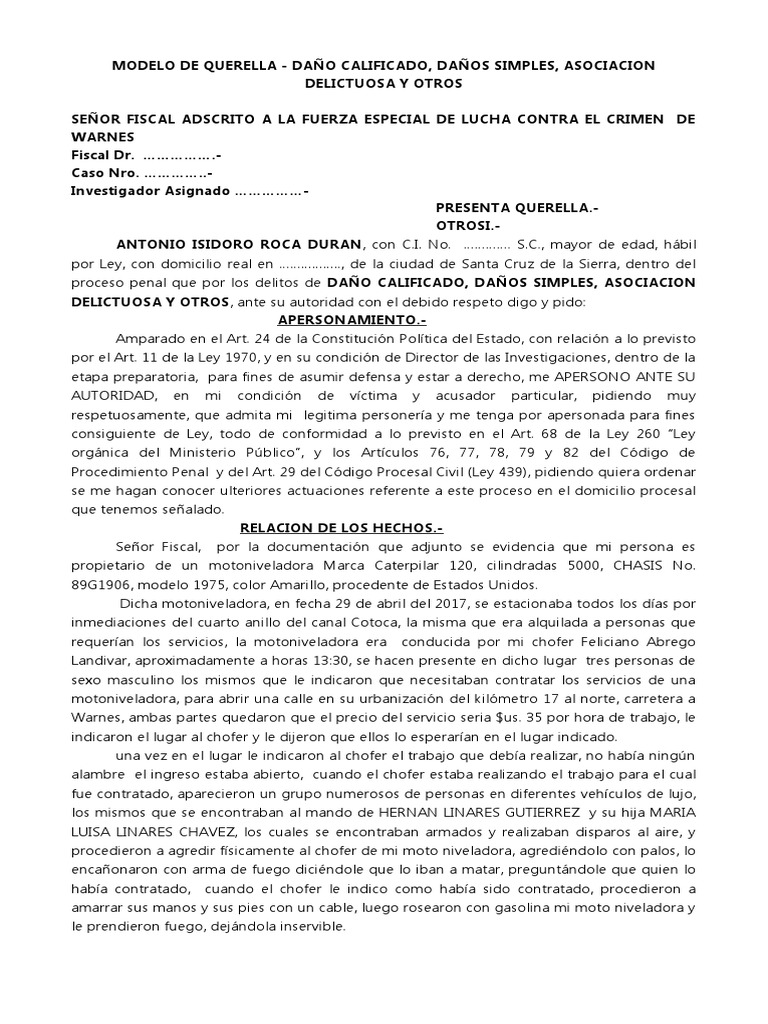 Modelo de querella por daño calificado y asociación delictuosa | PDF | Queja | Justicia