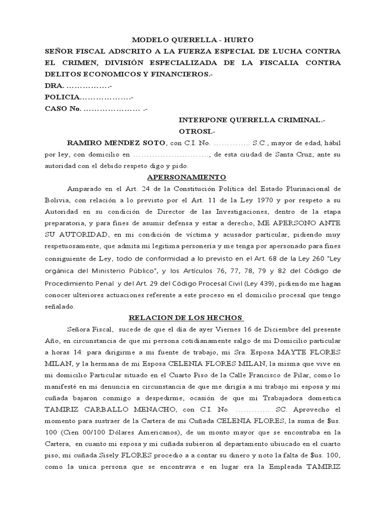 Querella - Hurto | Descargar gratis PDF | Queja | Derecho penal