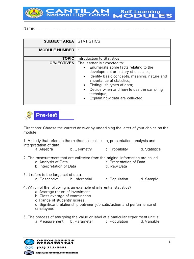 Subject Area Statistics Module Number 1 TOPIC Introduction To ...