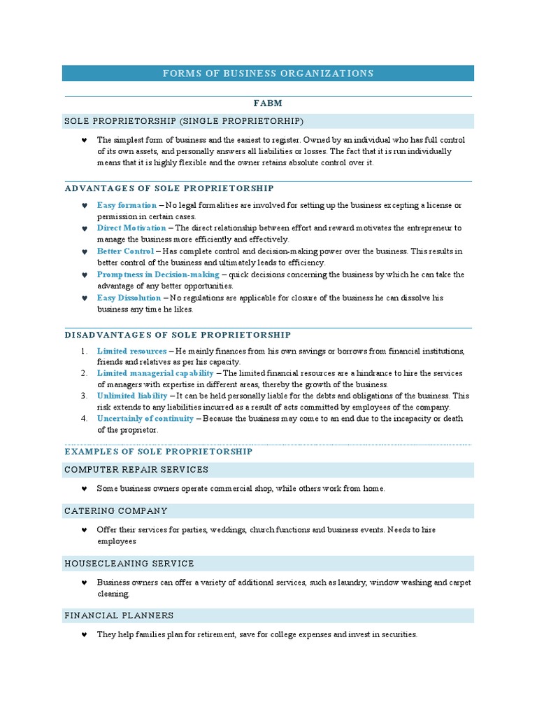 Forms of Business Organizations | PDF | Partnership | Sole Proprietorship