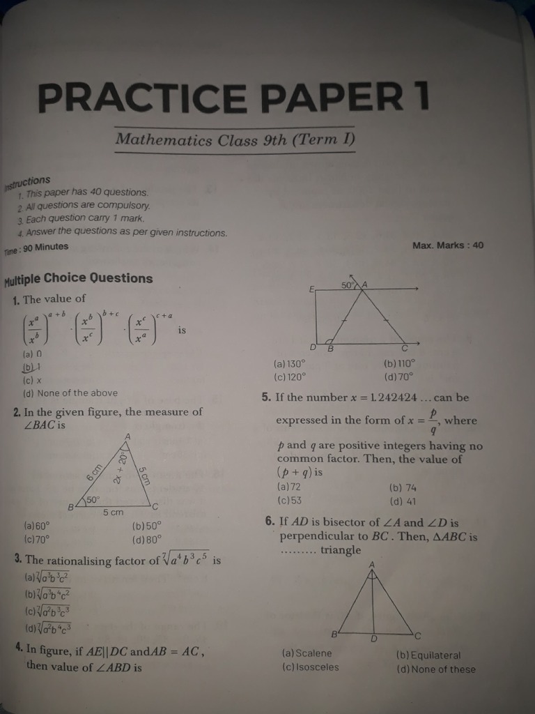 Maths Sample Paper | PDF | Triangle | Mathematics