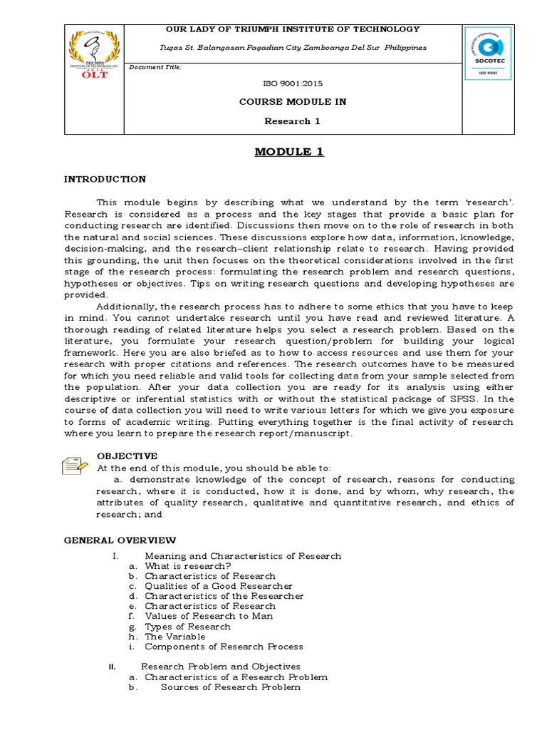 Course Module in Research 1: Our Lady of Triumph Institute of ...