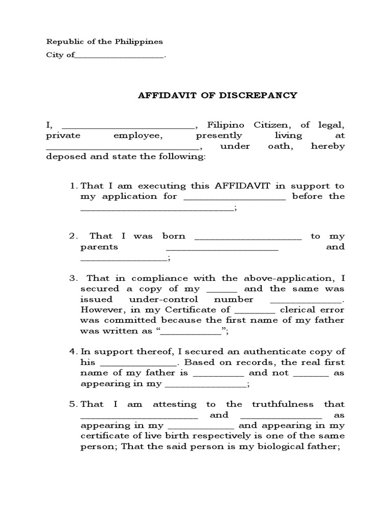 Affidavit of Discrepancy: Republic of The Philippines City of | PDF