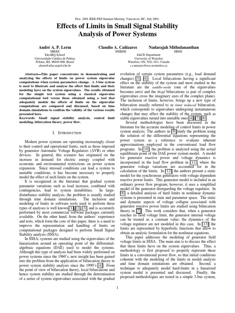 Effects of Limits in Small Signal Stability Analysis of Power Systems | PDF | Mathematical Model ...