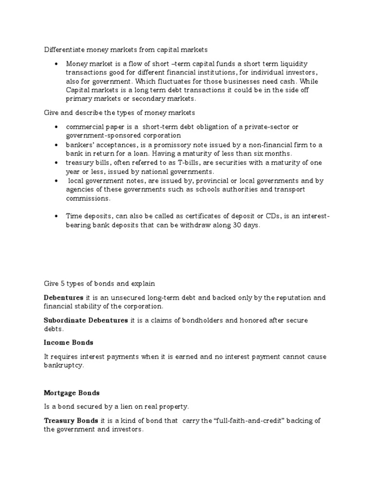 Differentiate Money Markets From Capital Markets | PDF