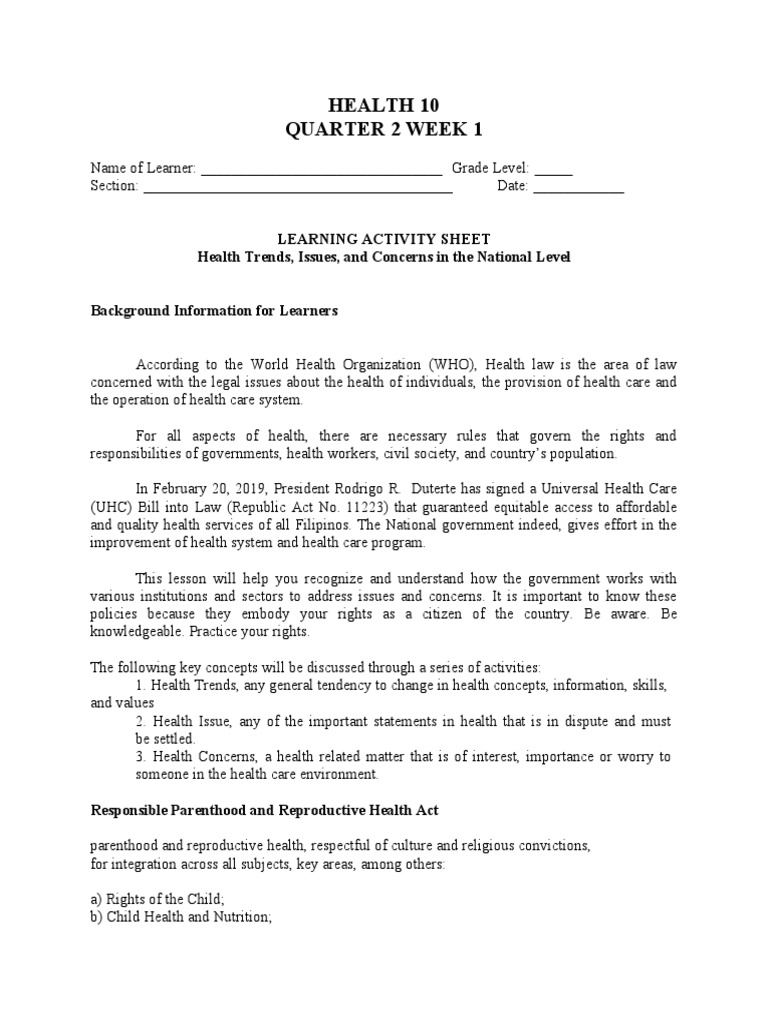 Health 10 Quarter 2 Week 1: Learning Activity Sheet Health Trends ...