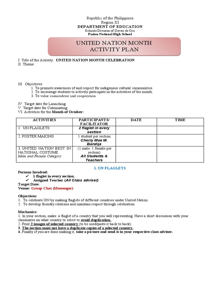 United Nation Month Activity Plan: Department of Education | PDF