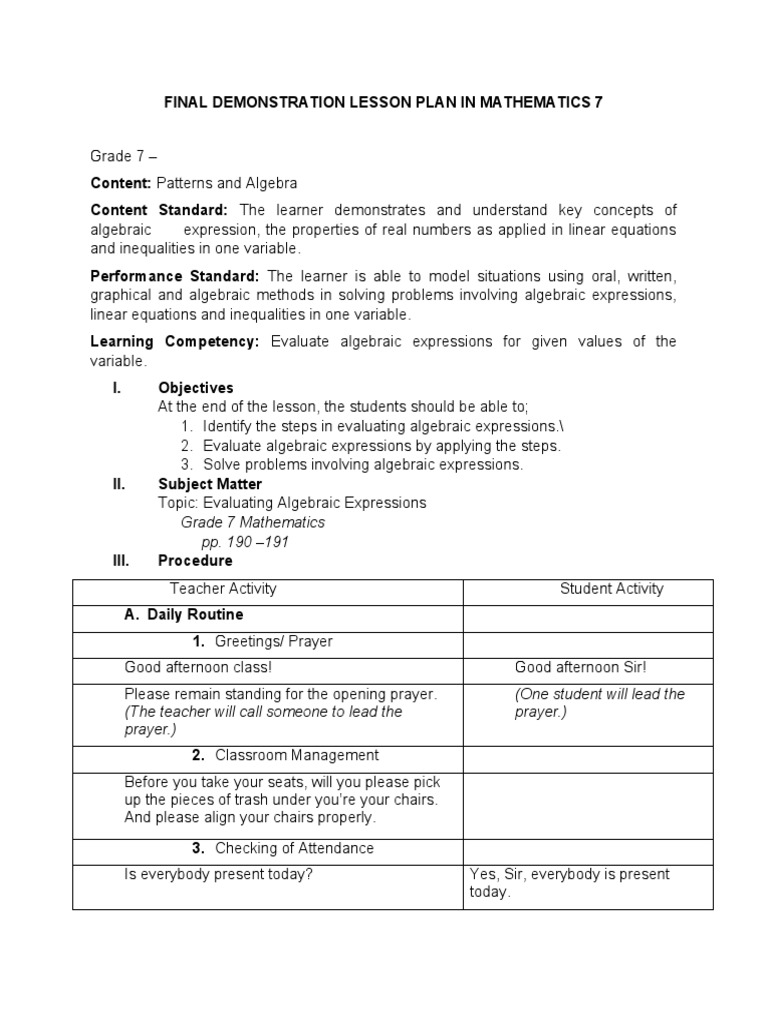 Evaluating Algebraic Expressions: A Final Demonstration Lesson Plan in ...