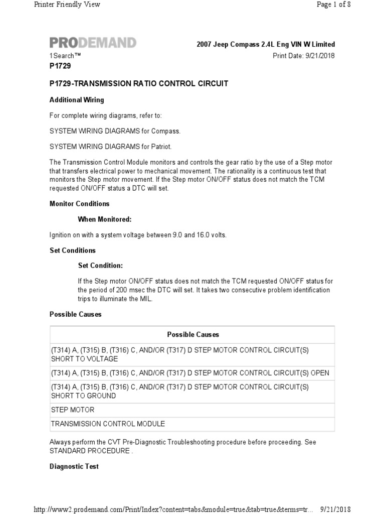 P1729 P1729-Transmission Ratio Control Circuit: 2007 Jeep Compass 2.4L ...