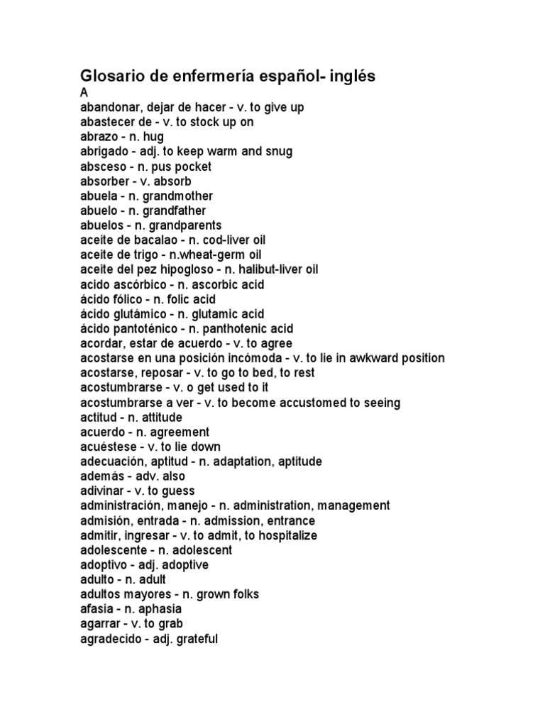Glosario de enfermería español | Medicina CLINICA | Especialidades Medicas