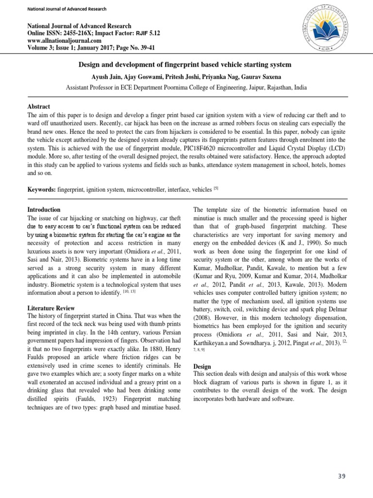Fingerprint-Based Vehicle Ignition System | PDF | Fingerprint | Biometrics
