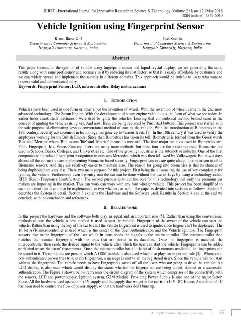 Vehicle Ignition Using Fingerprint Sensor | PDF | Microcontroller ...