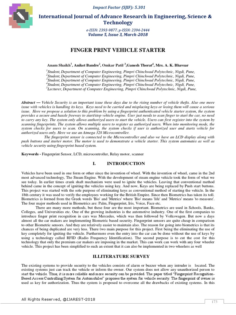 Fingerprint Vehicle Ignition | PDF | Biometrics | Fingerprint