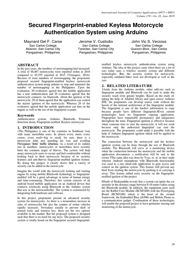 Fingerprint Keyless Motorcycle Security System | PDF | Bluetooth | Authentication