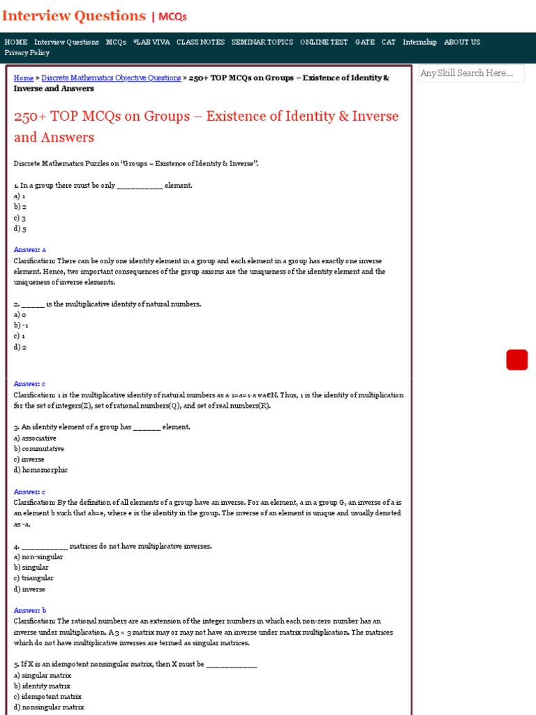 250+ Top Mcqs On Groups - Existence of Identity & Inverse and Answers ...