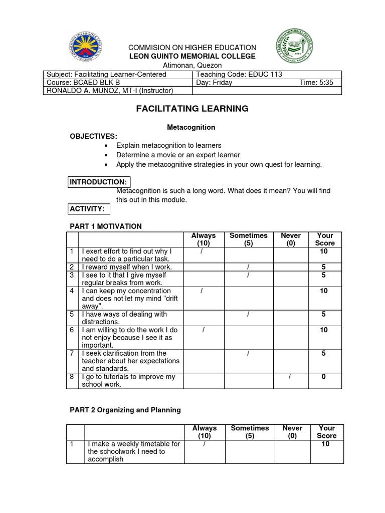 EDUC 113 Module 01 Acticity Sheet | Descargar gratis PDF | Metacognition | Learning