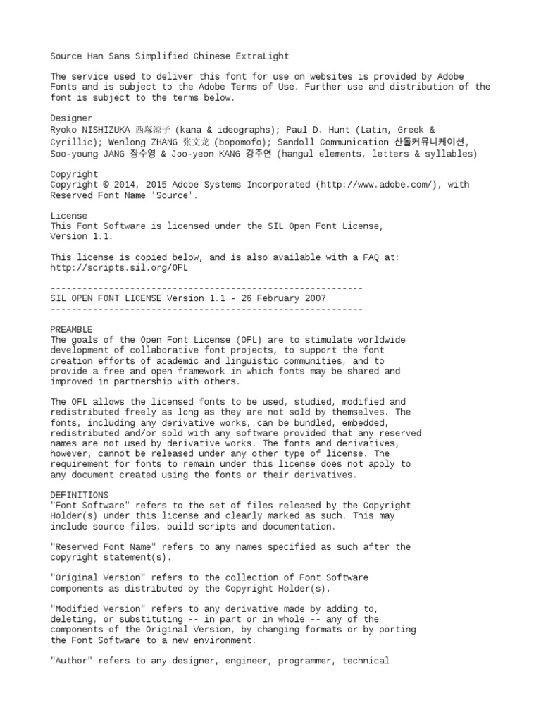 Source Han Sans Simplified Chinese ExtraLight License | PDF | Copyright | License