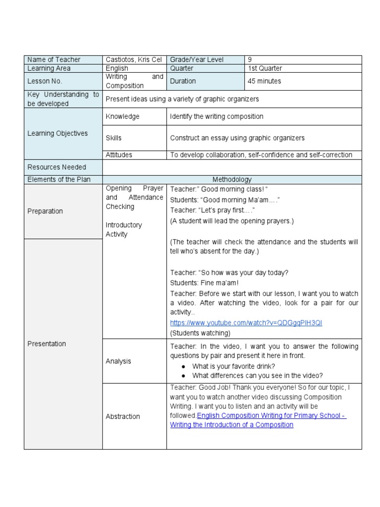 Instructional Plan (Writing Composition) | PDF | Essays | Teaching