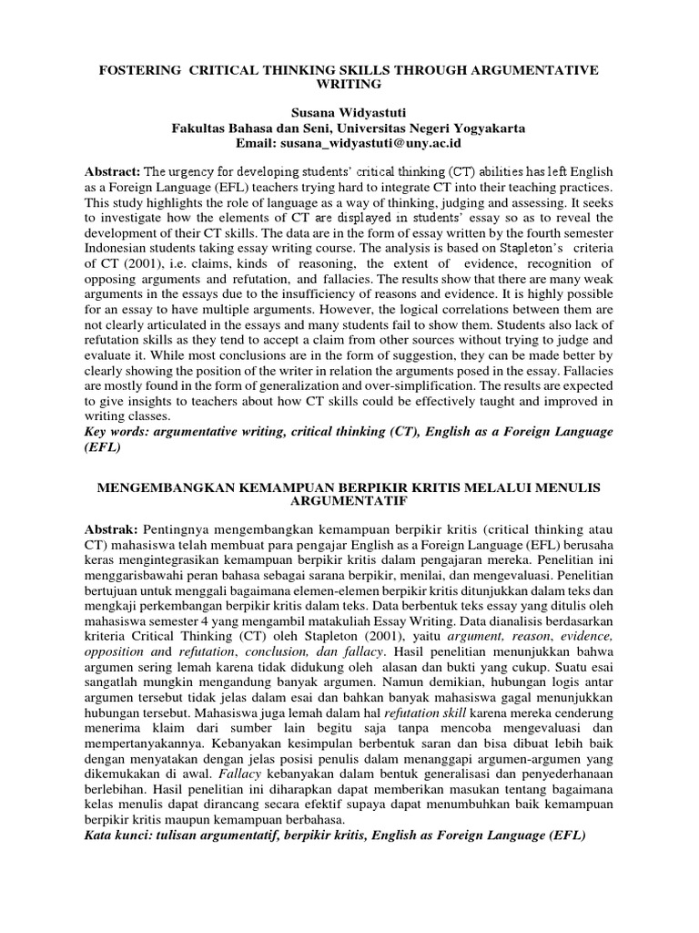 Key Words: Argumentative Writing, Critical Thinking (CT), English As A ...