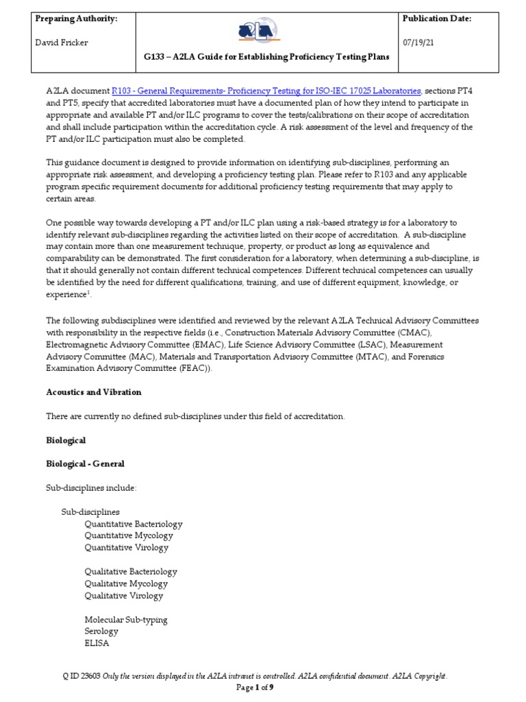 G133 - A2LA Guide For Establishing Proficiency Testing Plans-23603-1 ...