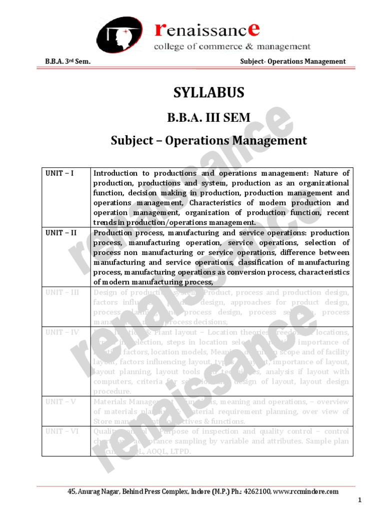 Syllabus: B.B.A. Iii Sem Subject - Operations Management | PDF ...