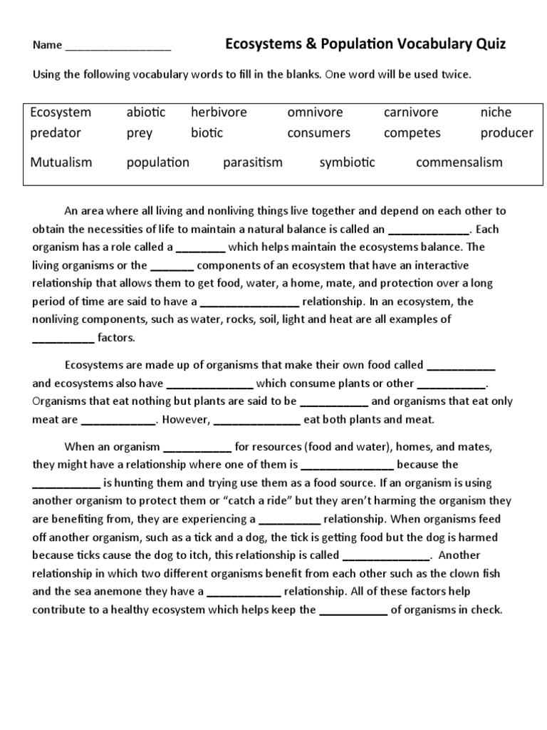 Ecosystems & Population Vocabulary Quiz | PDF | Ecosystem | Predation