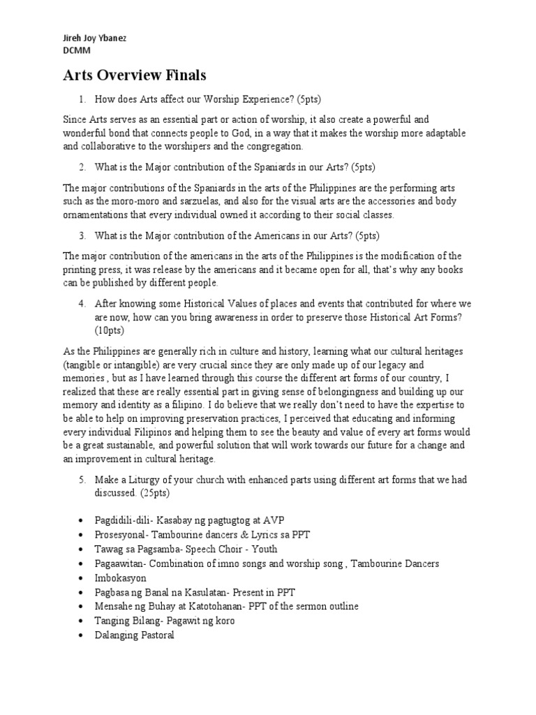 Arts Overview Finals: Jireh Joy Ybanez DCMM | PDF