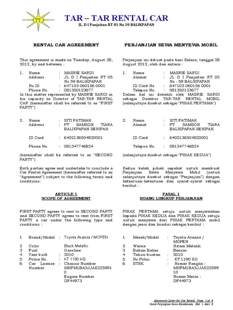 Car Rental Agreement Bilingual 1 | PDF