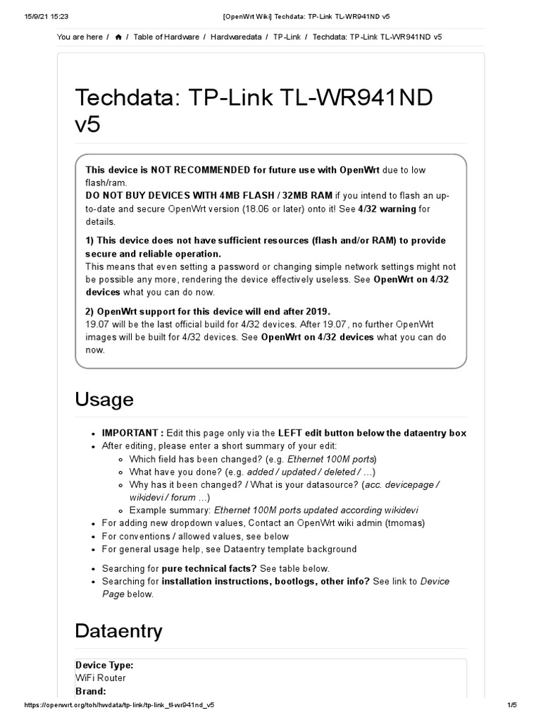 (OpenWrt Wiki) Techdata - TP-Link TL-WR941ND v5 | PDF | Wireless Lan | Electronics