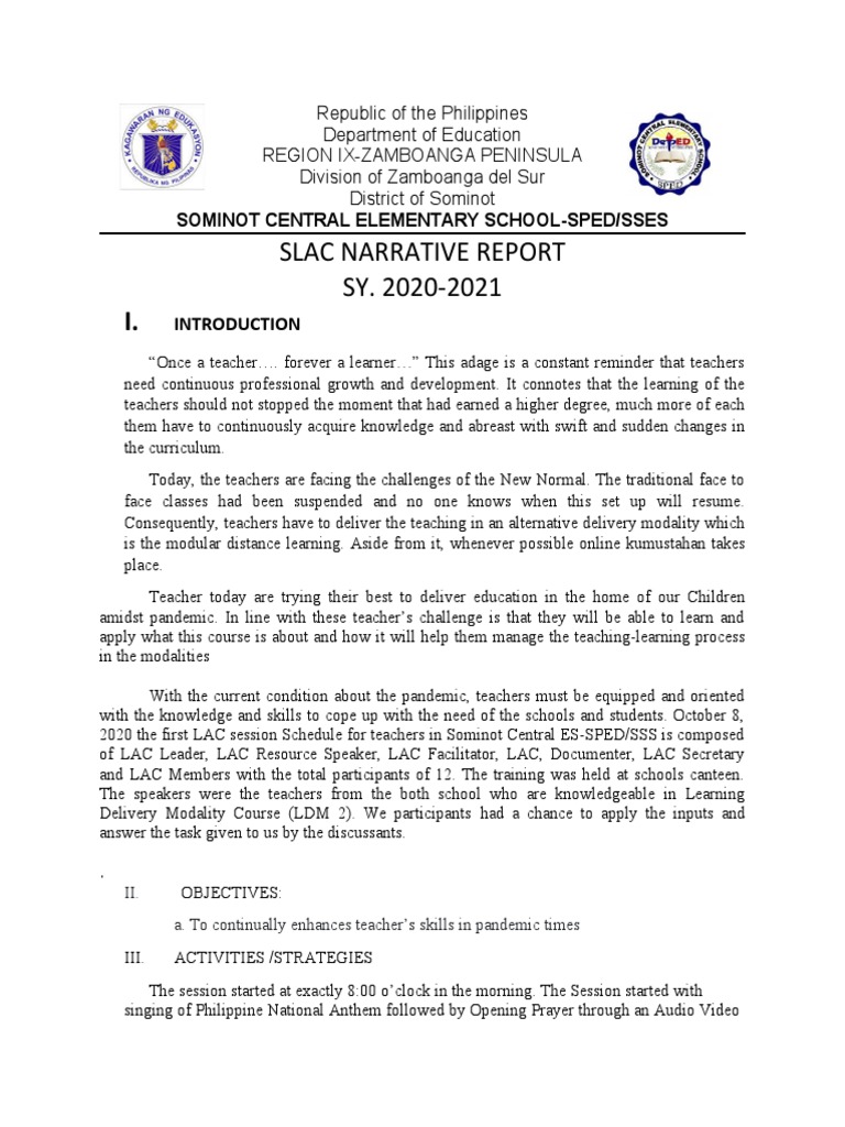 Slac Narrative Report SY. 2020-2021: Sominot Central Elementary School-Sped/Sses | PDF ...