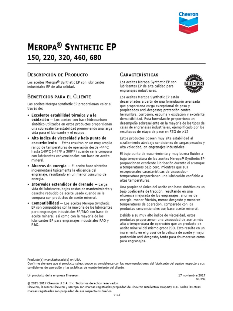 Chevron Meropa Synt Iso 150 Equivalente SHC 629 | PDF | Lubricante ...