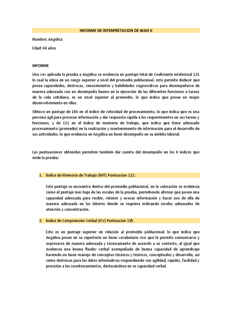 Informe de Interpretacion de Wais Ii | PDF | Escala de inteligencia ...